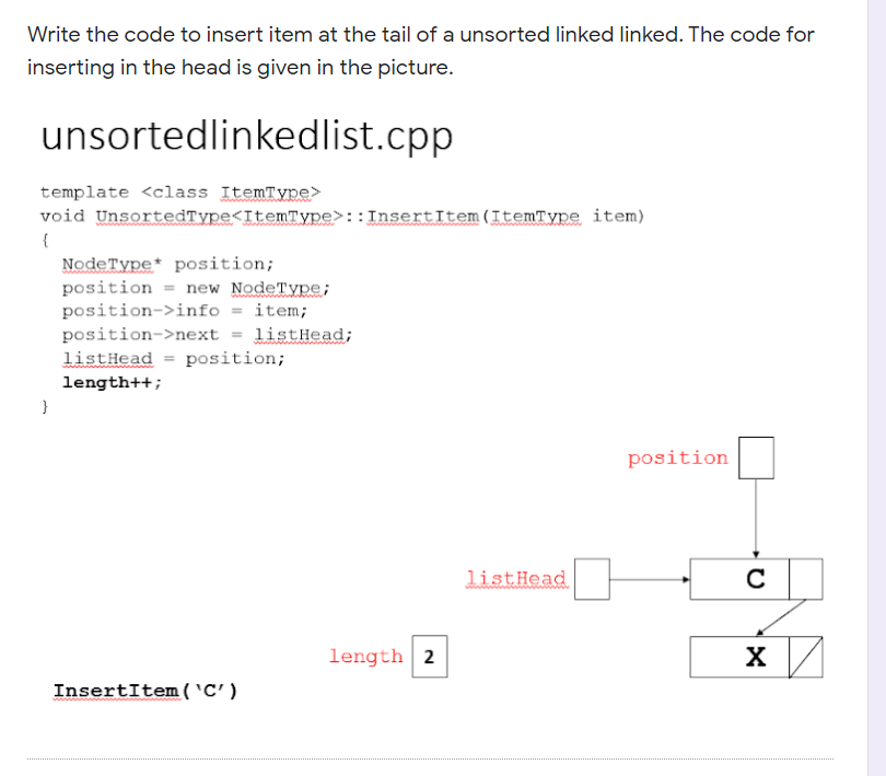Solved Write the code to insert item at the tail of a | Chegg.com