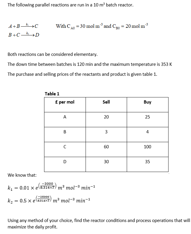 The following parallel reactions are run in a 10 m² | Chegg.com