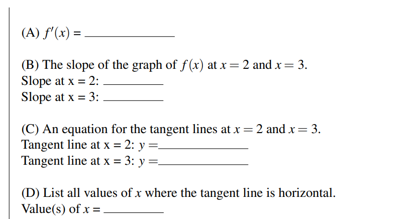 Solved (A) f'(x) = (B) The slope of the graph of f(x) at x = | Chegg.com