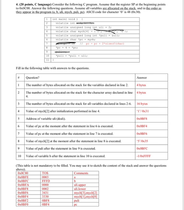 Solved 4. (20 points, C language) Consider the following C | Chegg.com
