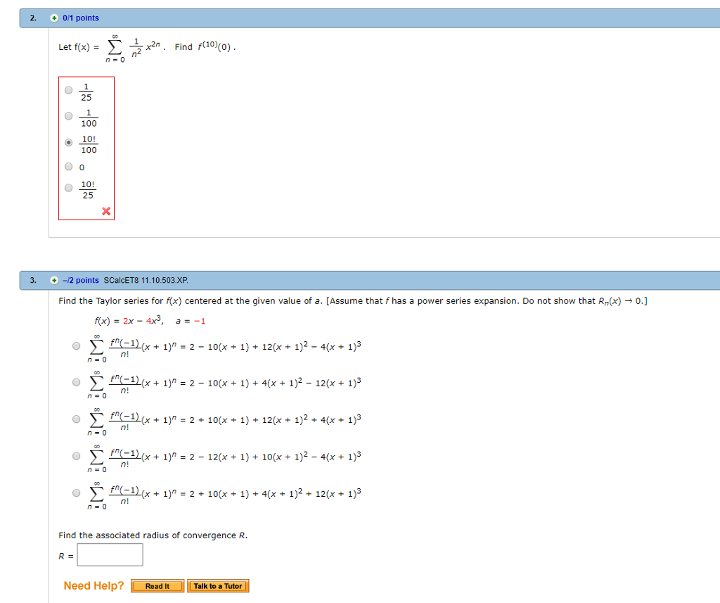 Solved 2. 0/1 points Let f(x)= ? -12 x2n. Find f(10)(0). n=0 | Chegg.com Solved 2. 0/1 points Let f(x)= ? -12 x2n. Find f(10)(0). n=0 | Chegg.com
