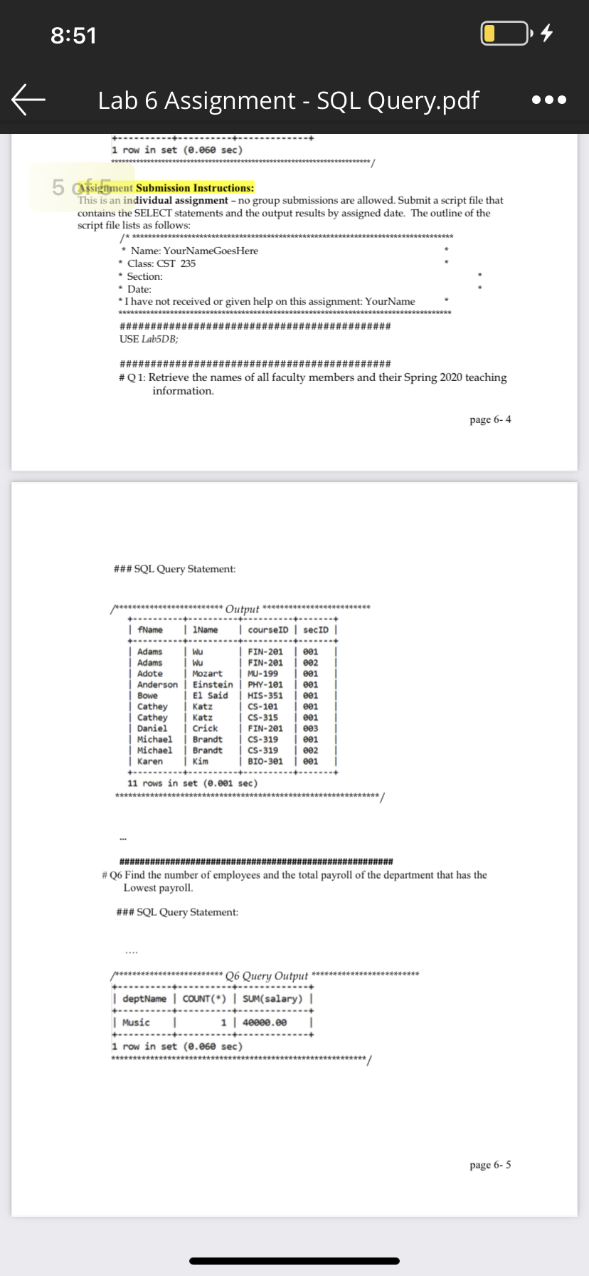8:50 + Lab 6 Assignment - SQL Query.pdf 000 Lab 6 | Chegg.com