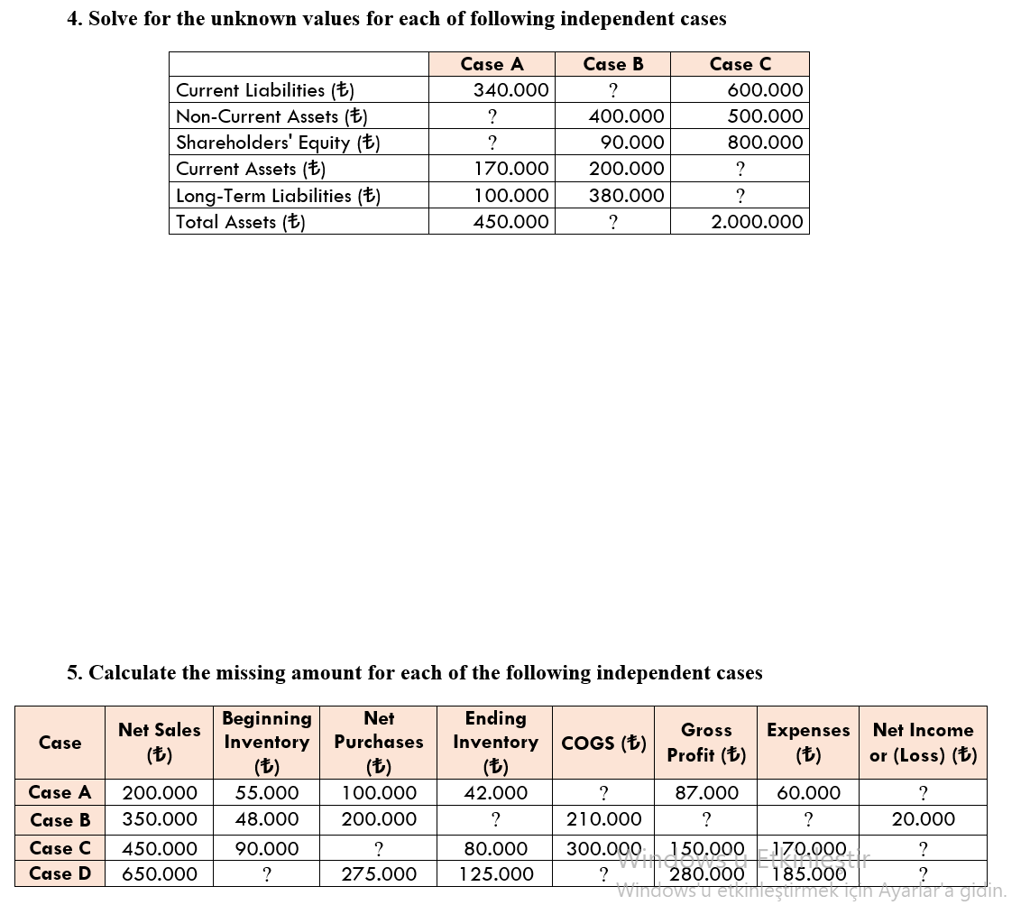Solved 4. Solve for the unknown values for each of following | Chegg.com