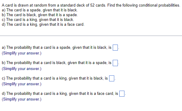 Solved A card is drawn at random from a standard deck of 52 | Chegg.com