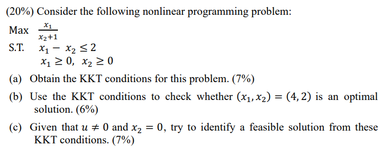 Solved (20%) Consider the following nonlinear programming | Chegg.com