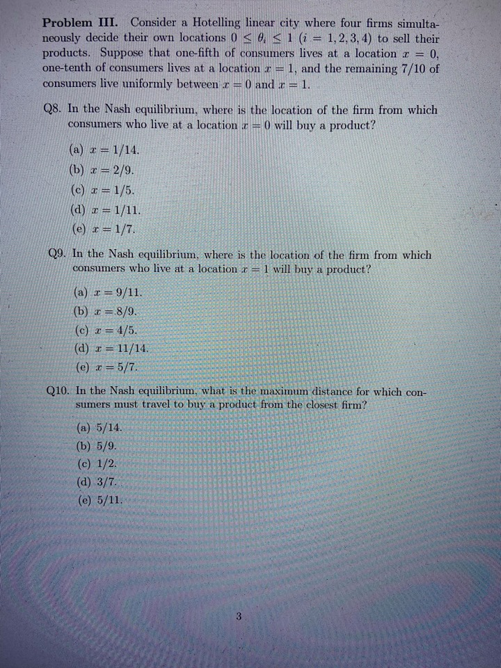 Problem III. Consider a Hotelling linear city where | Chegg.com