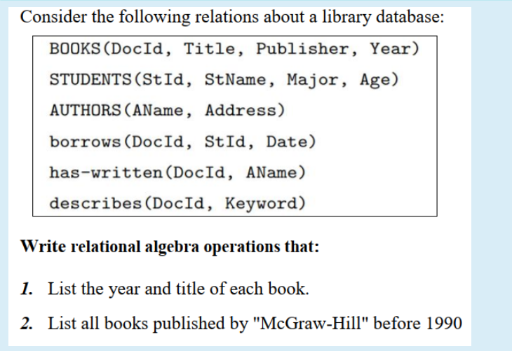 Solved Consider the following relations about a library | Chegg.com