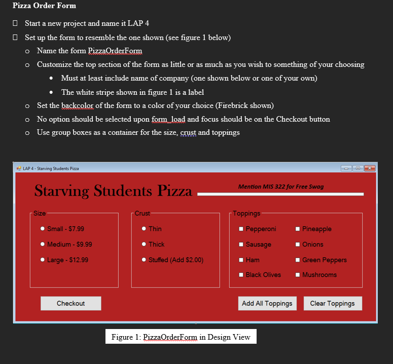 izza Order Form Start a new project and name it LAP 4 | Chegg.com