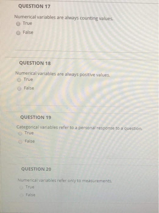 Solved QUESTION 17 Numerical variables are always counting | Chegg.com