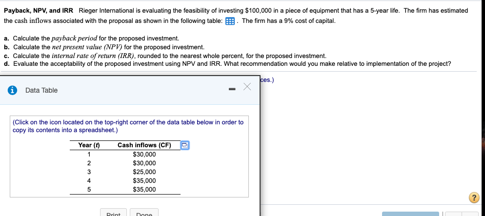 Solved Payback, NPV, and IRR Rieger International is | Chegg.com