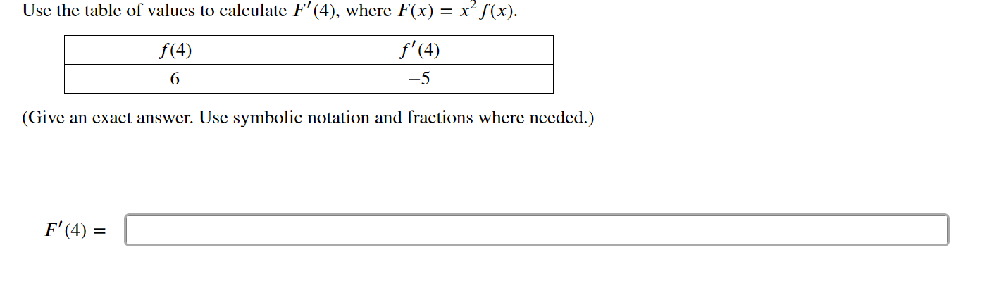 Solved Use the table of values to calculate F′(4), where | Chegg.com