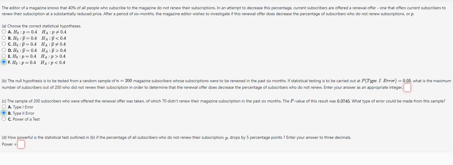 Solved (a) ﻿Choose the correct statistical | Chegg.com