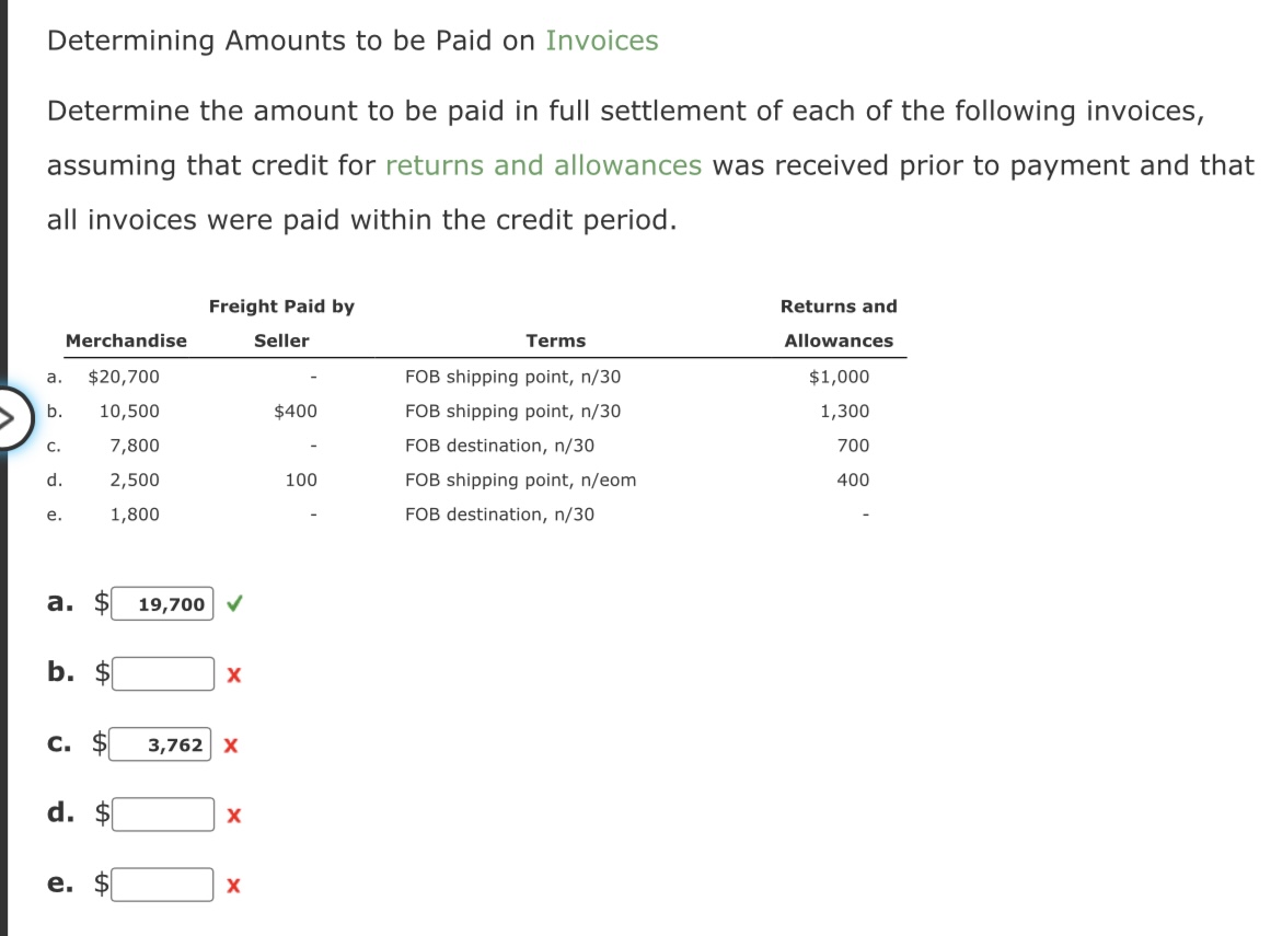 Solved Determining Amounts to be Paid on Invoices Determine | Chegg.com