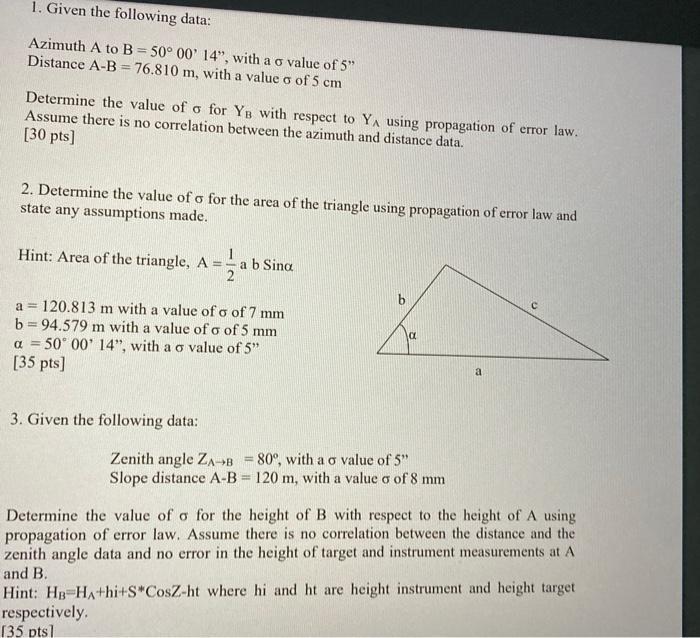 Solved 1. Given the following data: Azimuth A to B = 50° 00' | Chegg.com