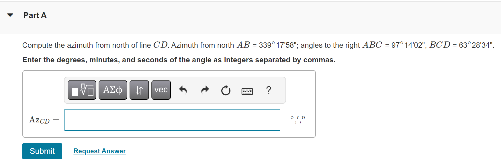 Solved Compute the azimuth from north of line CD. Azimuth | Chegg.com