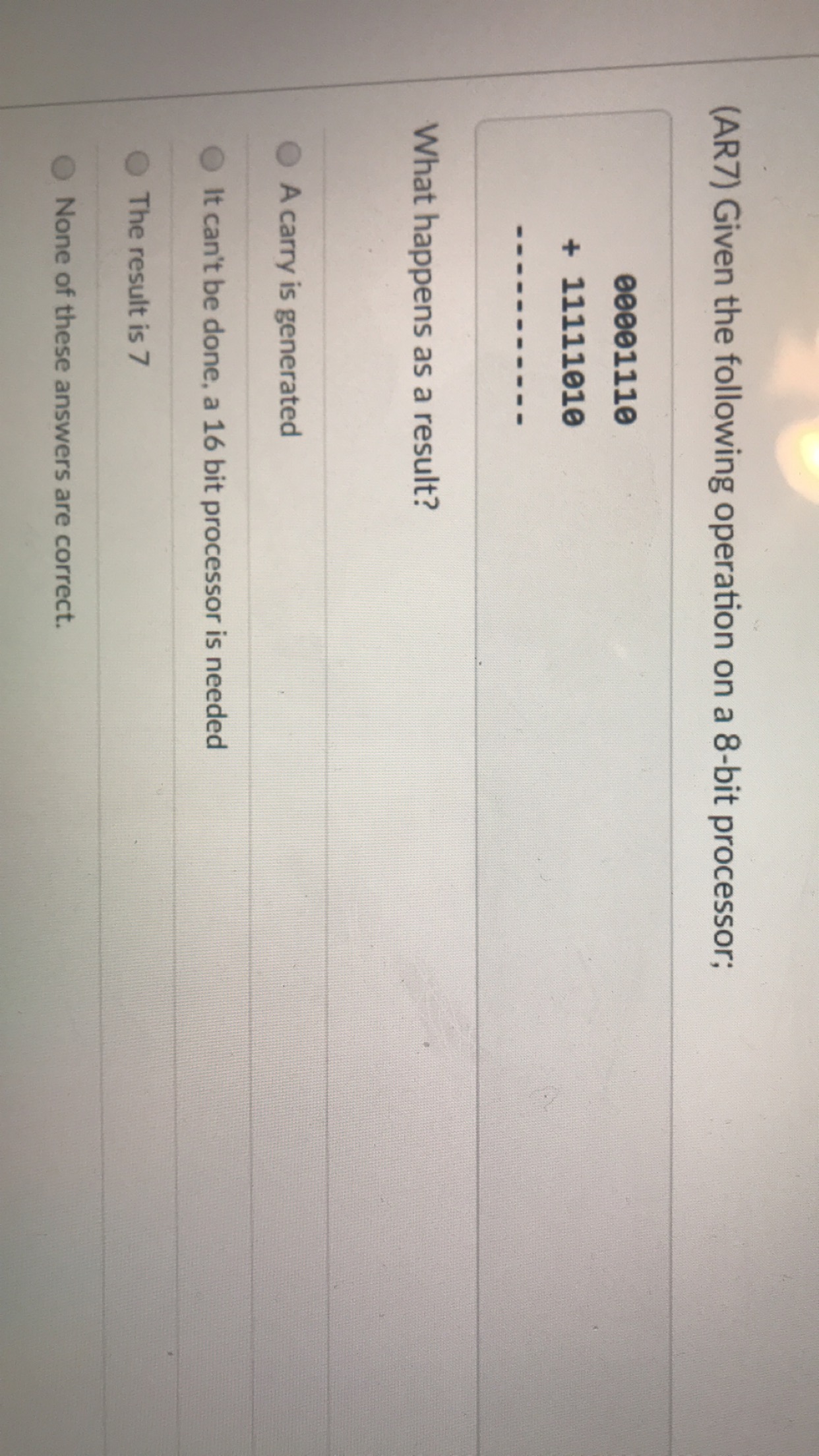 Solved (AR7) Given the following operation on a 8-bit | Chegg.com