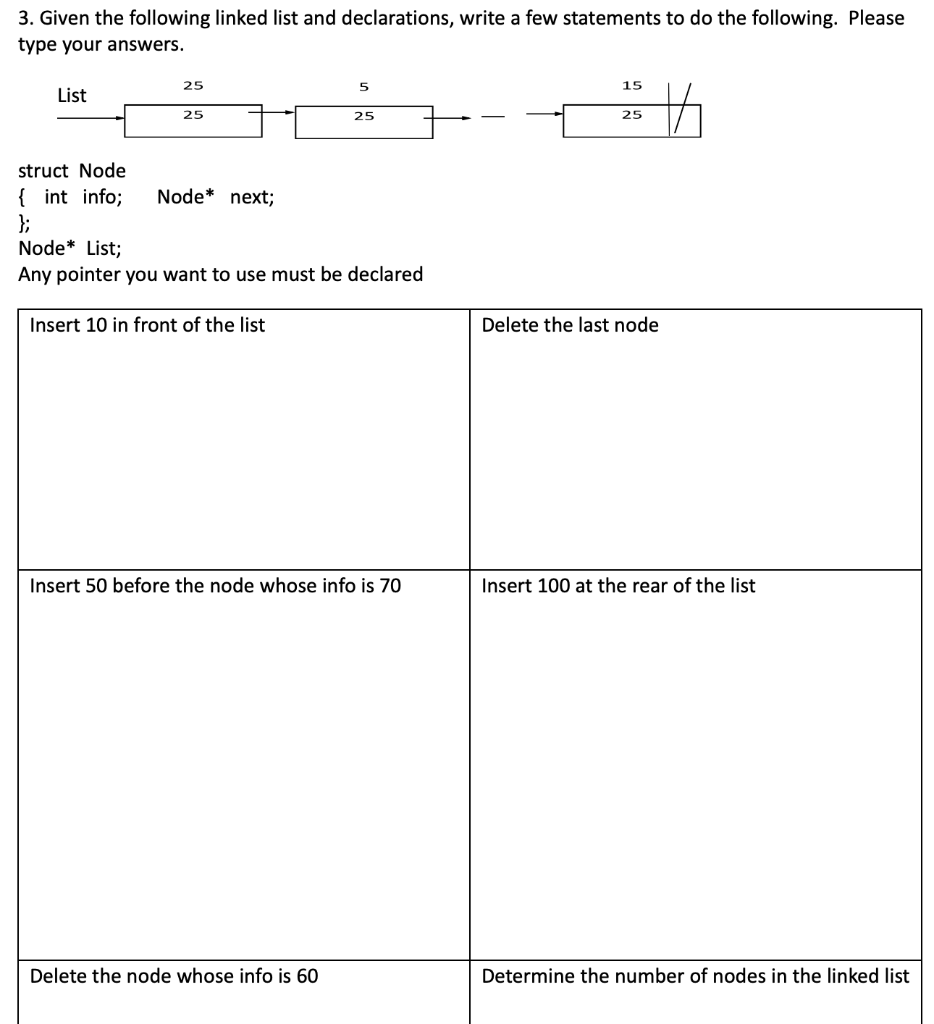 Solved 3. Given the following linked list and declarations, | Chegg.com Solved 3. Given the following linked list and declarations, | Chegg.com