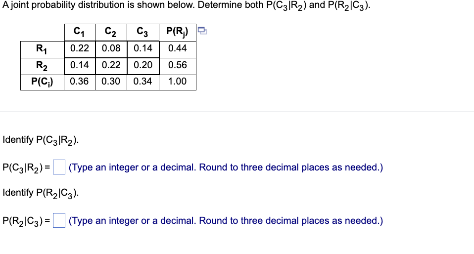 Solved Identify P(C3∣R2). P(C3∣R2)= (Type an integer or a | Chegg.com