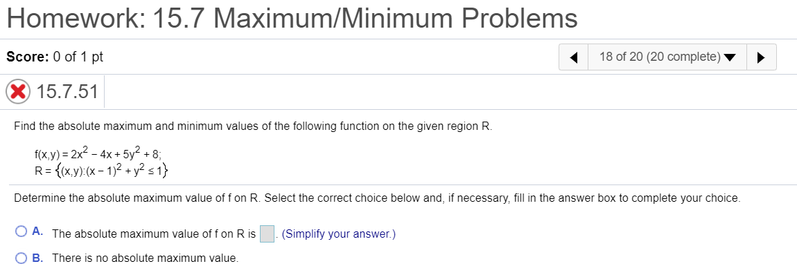 Solved Homework: 15.7 Maximum/Minimum Problems Score: 0 of 1 | Chegg.com