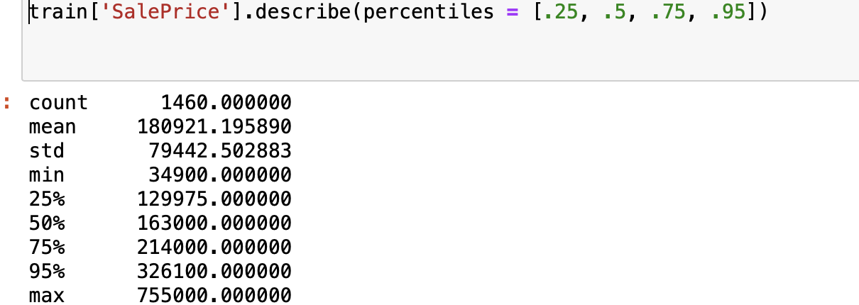 Solved train['SalePrice'].describe (percentiles = [.25, .5, | Chegg.com