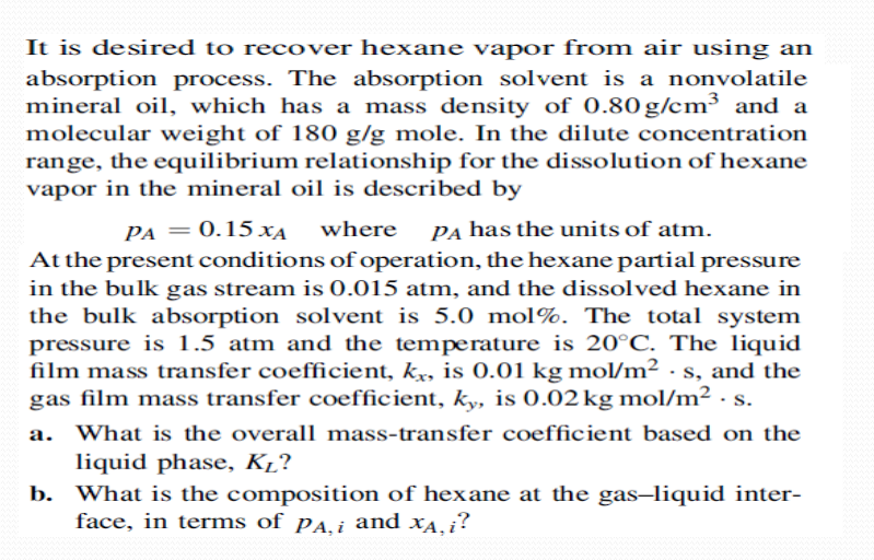 Solved It is desired to recover hexane vapor from air using | Chegg.com