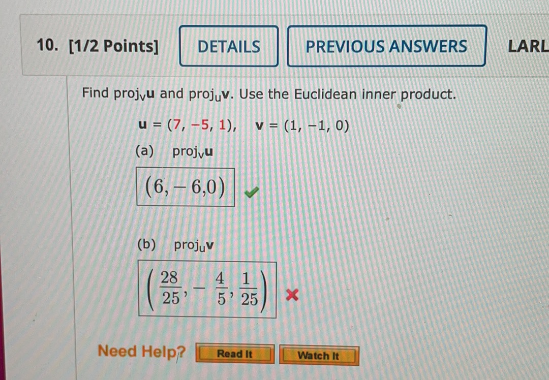 Solved Find projv u and proju v. Use the Euclidean inner | Chegg.com