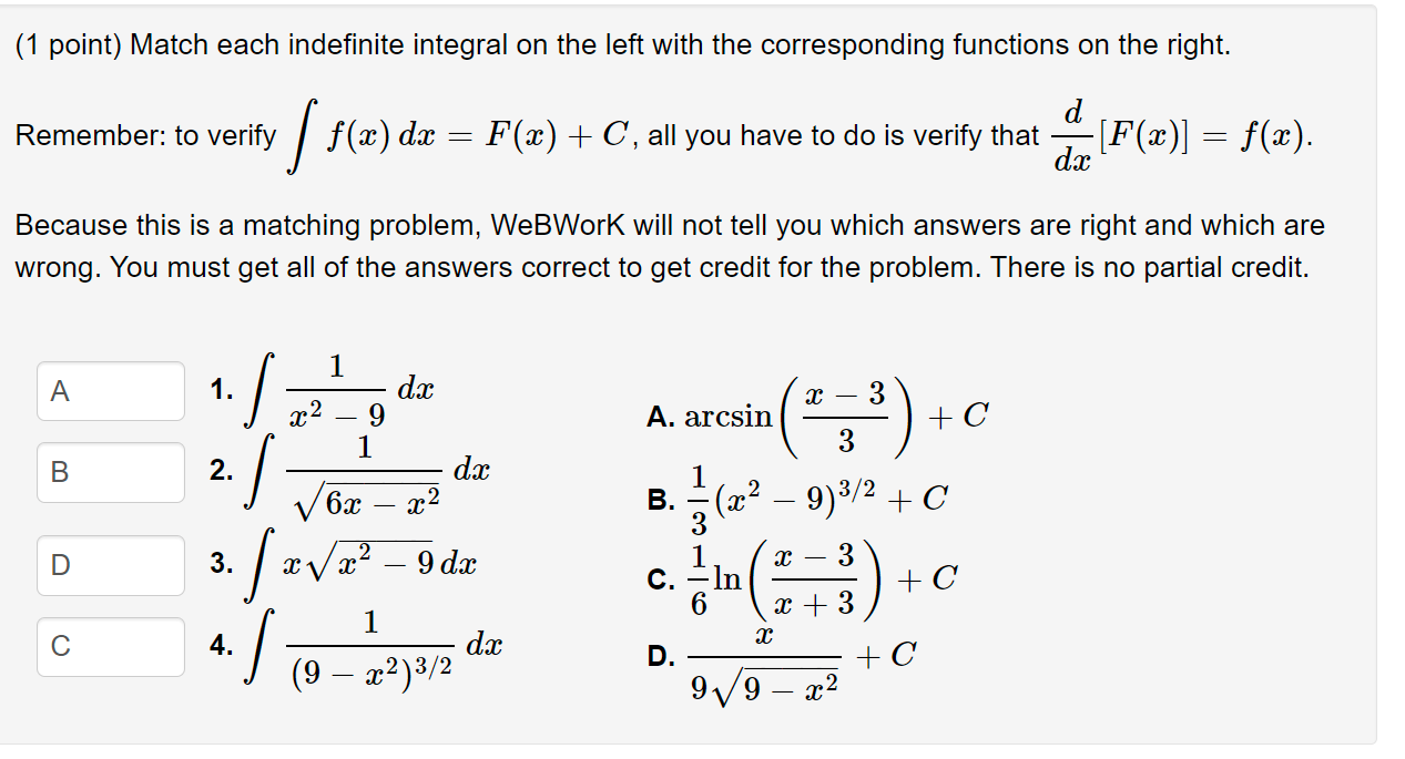 Solved 1 point) Match each indefinite integral on the left | Chegg.com