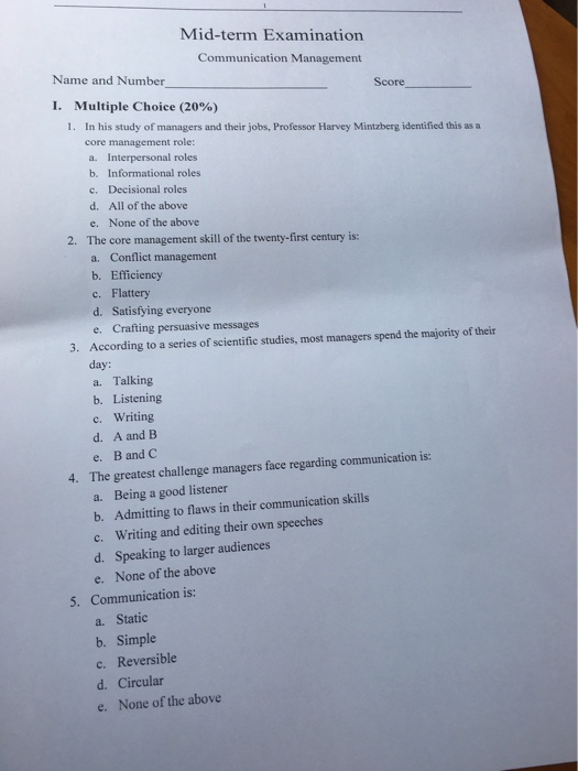 Solved Mid-term Examination Communication Management Name | Chegg.com