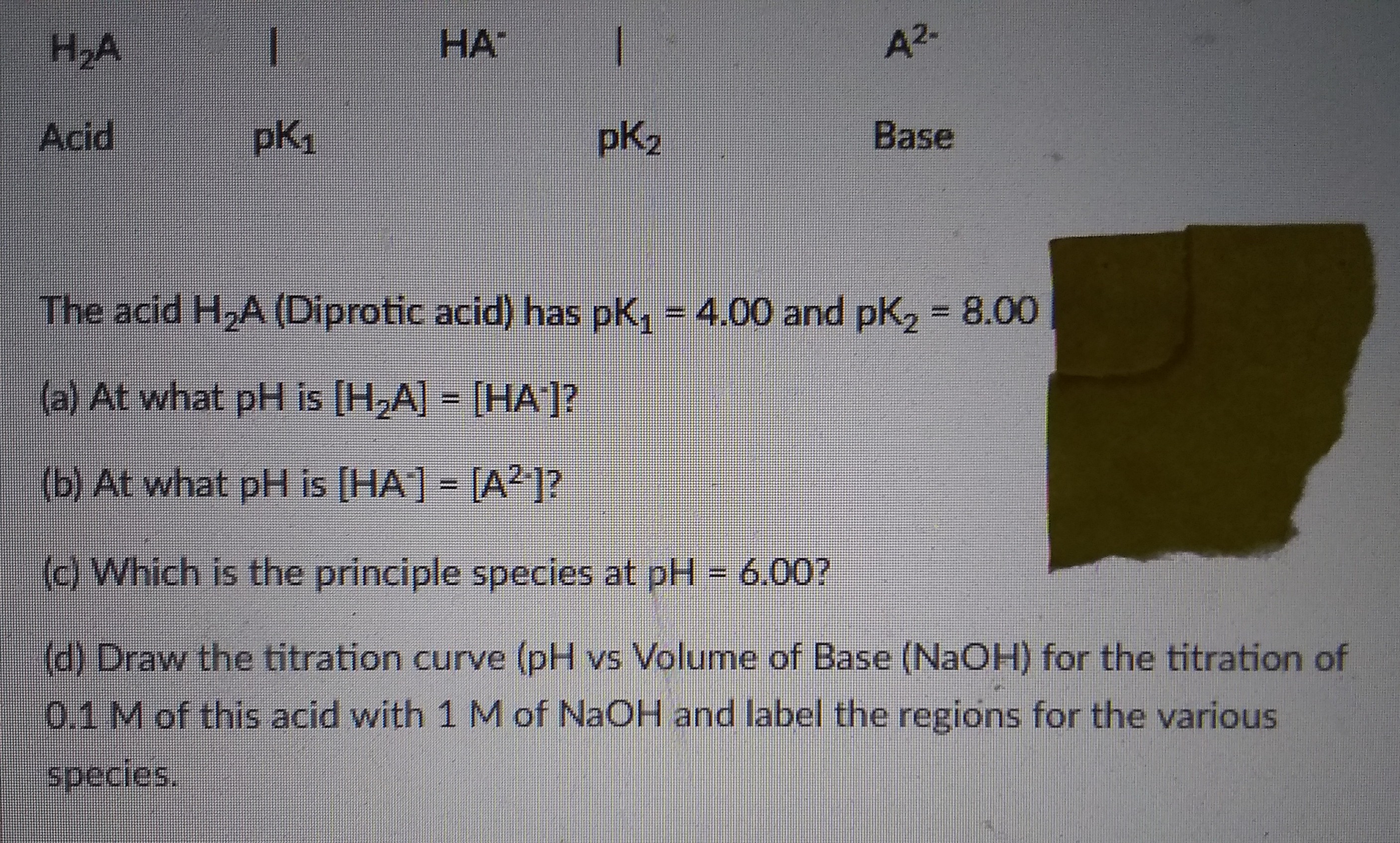 Solved The acid H2 A (Diprotic acid) has pK1=4.00 and | Chegg.com