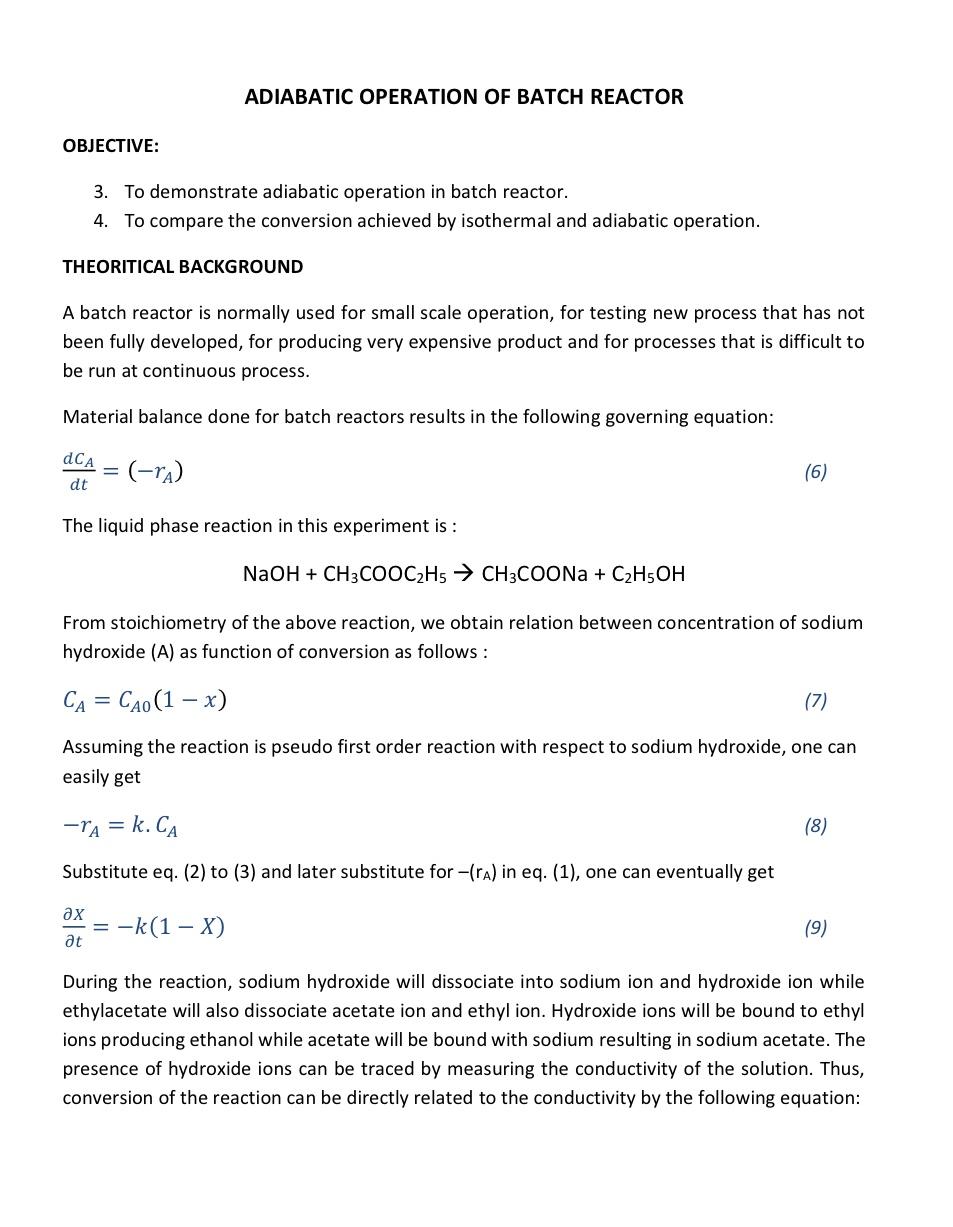 ADIABATIC OPERATION OF BATCH REACTOR OBJECTIVE: 3. To | Chegg.com