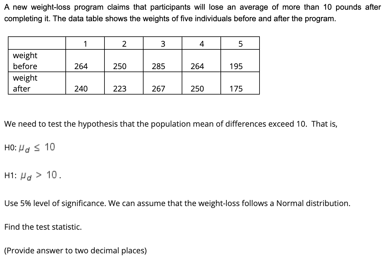 Solved A new weight-loss program claims that participants | Chegg.com