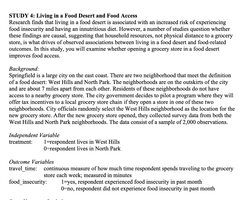 STUDY 4: Living in a Food Desert and Food Access | Chegg.com