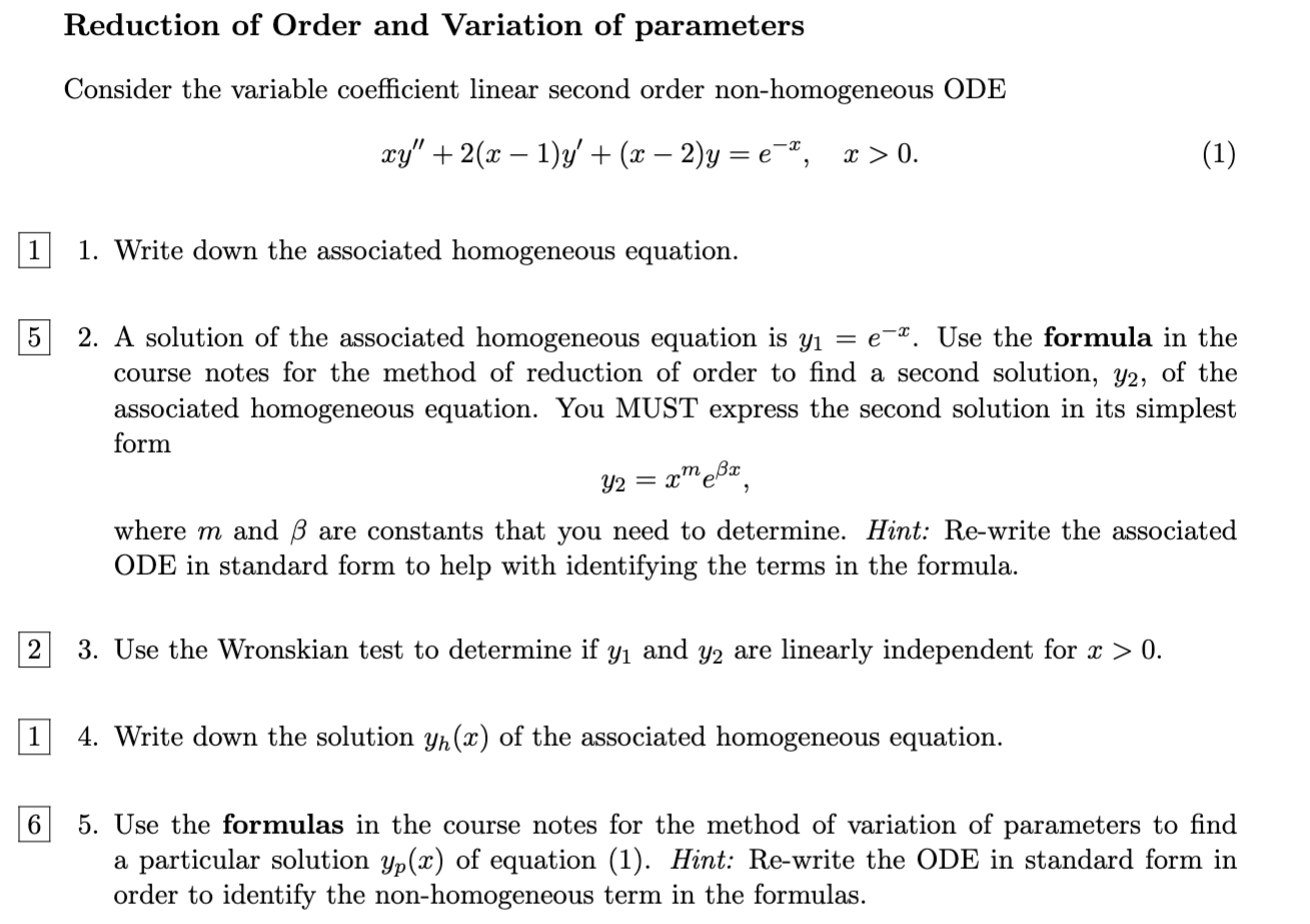 Solved Reduction of Order and Variation of parameters | Chegg.com