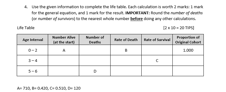 Solved 4. Use the given information to complete the life | Chegg.com