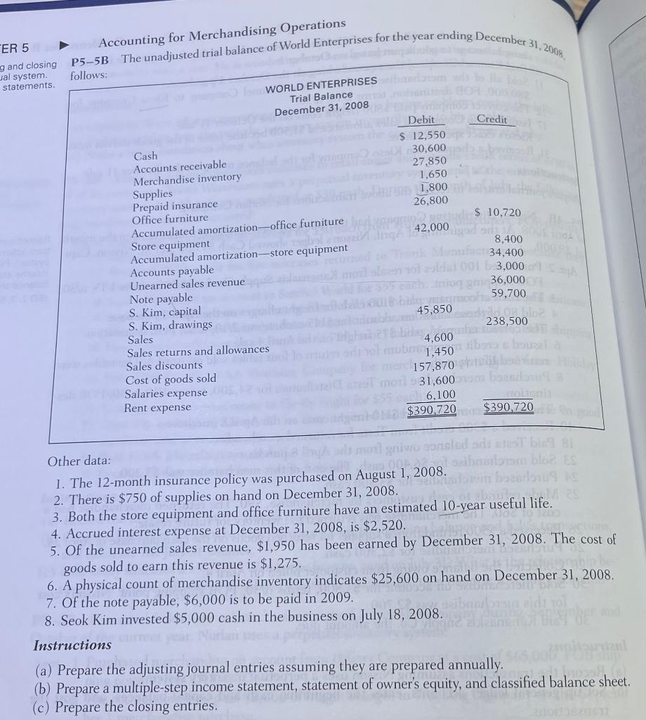 Solved Accounting for Merchandising Operations P5-5B The | Chegg.com