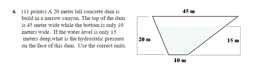 Solved 45 m 4. (11 points) A 20 meter tall concrete dam is | Chegg.com