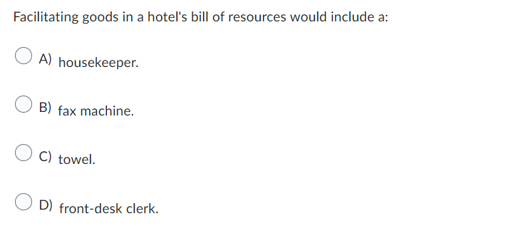 Solved Facilitating goods in a hotel's bill of resources | Chegg.com