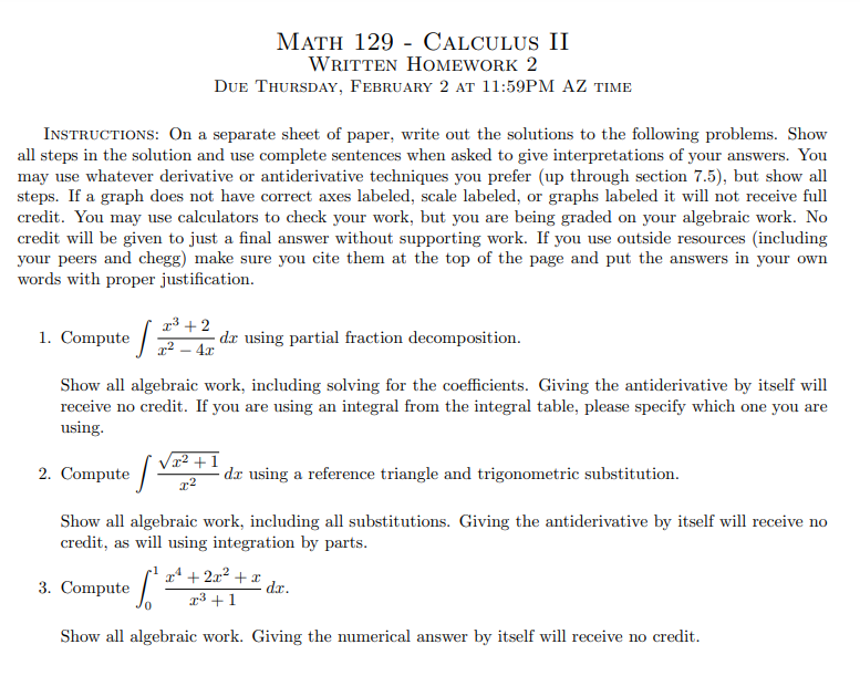 Solved MATH 129 - CALCULUS II WRITTEN HOMEWORK 2 DUE | Chegg.com