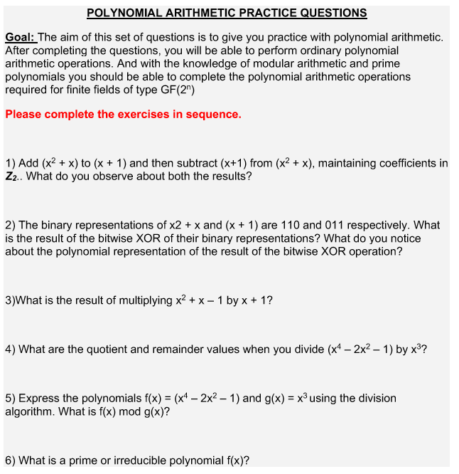 Solved POLYNOMIAL ARITHMETIC PRACTICE QUESTIONS Goal: The | Chegg.com