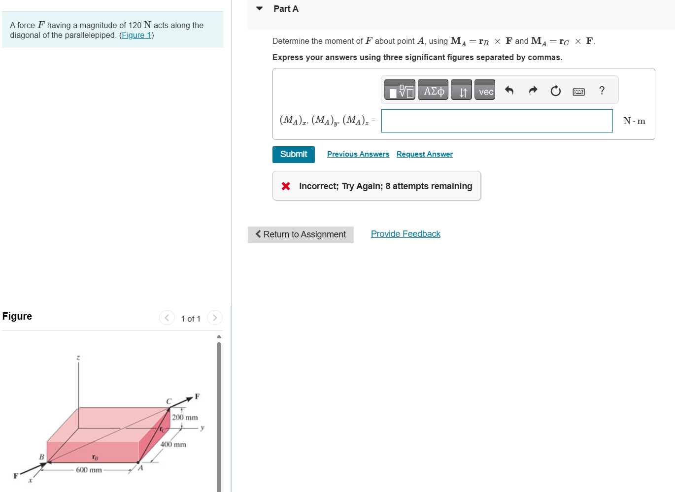 Solved Part AA force F ﻿having a magnitude of 120 N ﻿acts | Chegg.com