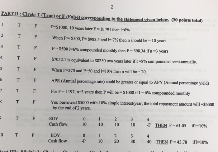 Solved PART IL:Circle T True) or F (False) corresponding to | Chegg.com