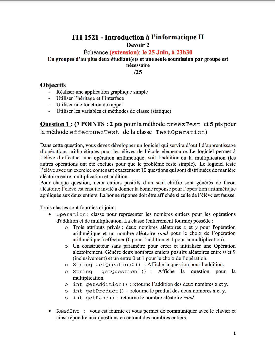 ITI 1521 - Introduction à l'informatique II Devoir 2 | Chegg.com