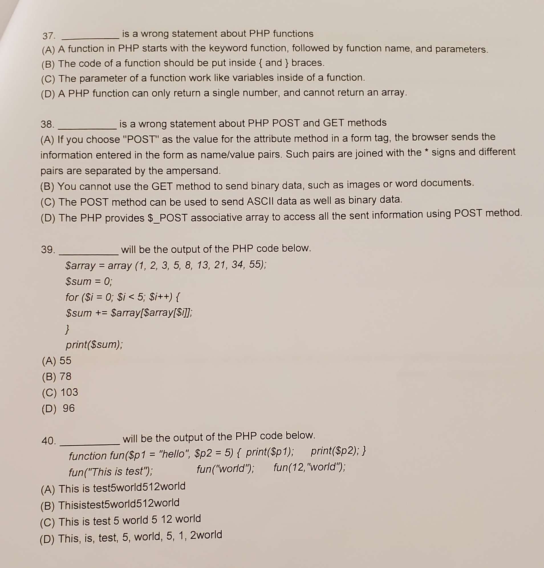 Solved 37. is a wrong statement about PHP functions (A) A | Chegg.com