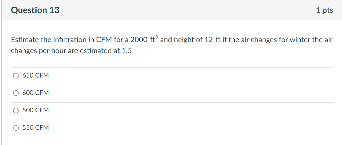 Solved Question 13 1 pts Estimate the infiltration in CFM | Chegg.com