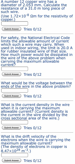 Solved A number 12 copper wire has a diameter of 2.053 mm. | Chegg.com