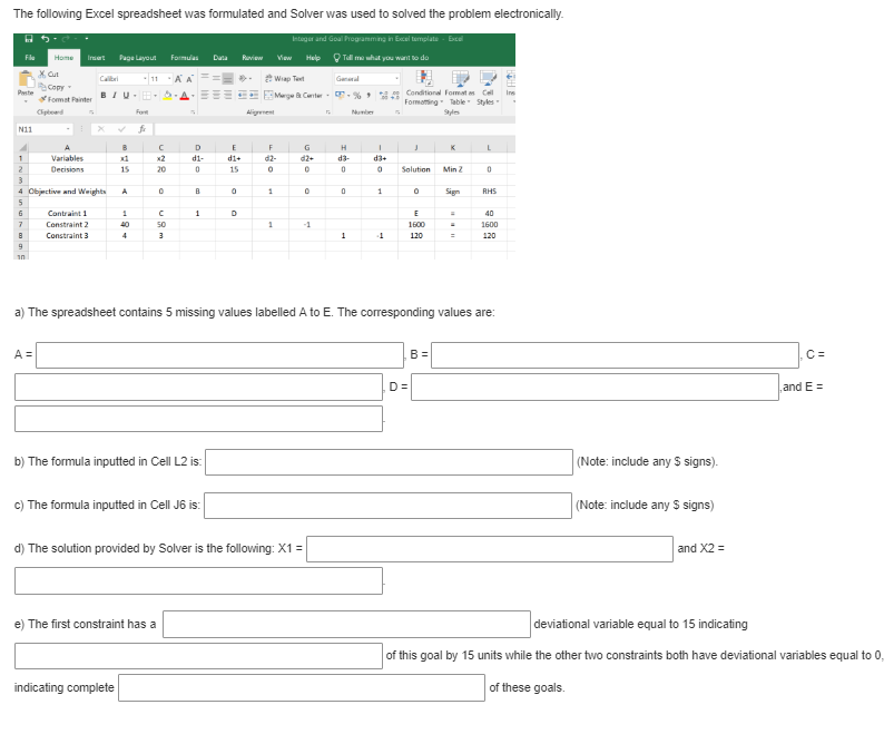 The following Excel spreadsheet was formulated and | Chegg.com
