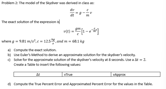 Solved Problem 2: The model of the Skydiver was derived in | Chegg.com
