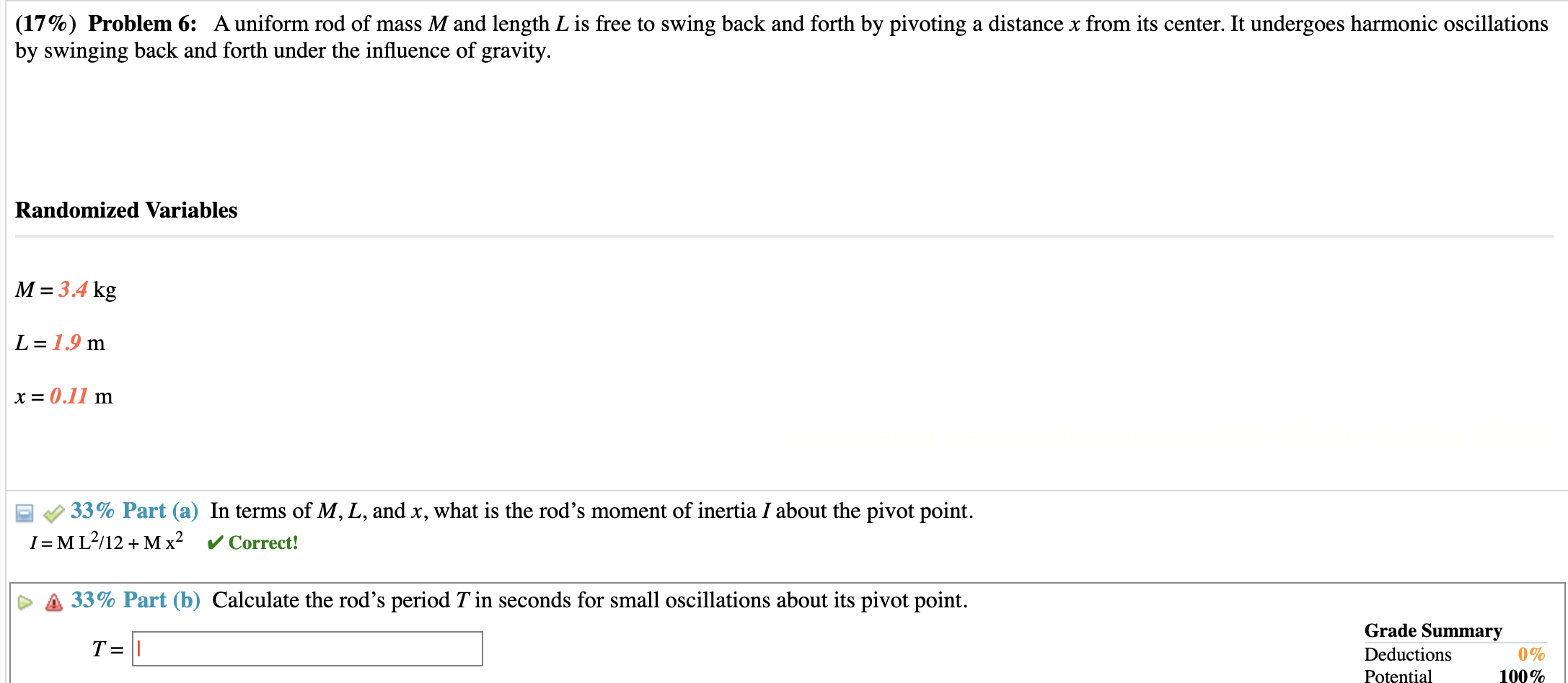 Solved (17\%) Problem 6: A uniform rod of mass M and length | Chegg.com