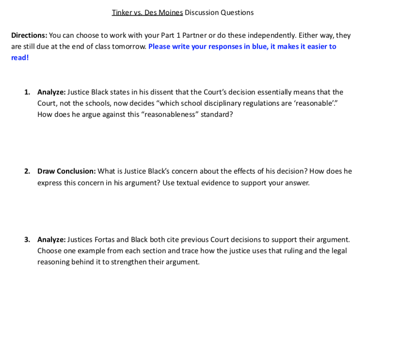 Solved Tinker vs. Des Moines Discussion Questions | Chegg.com