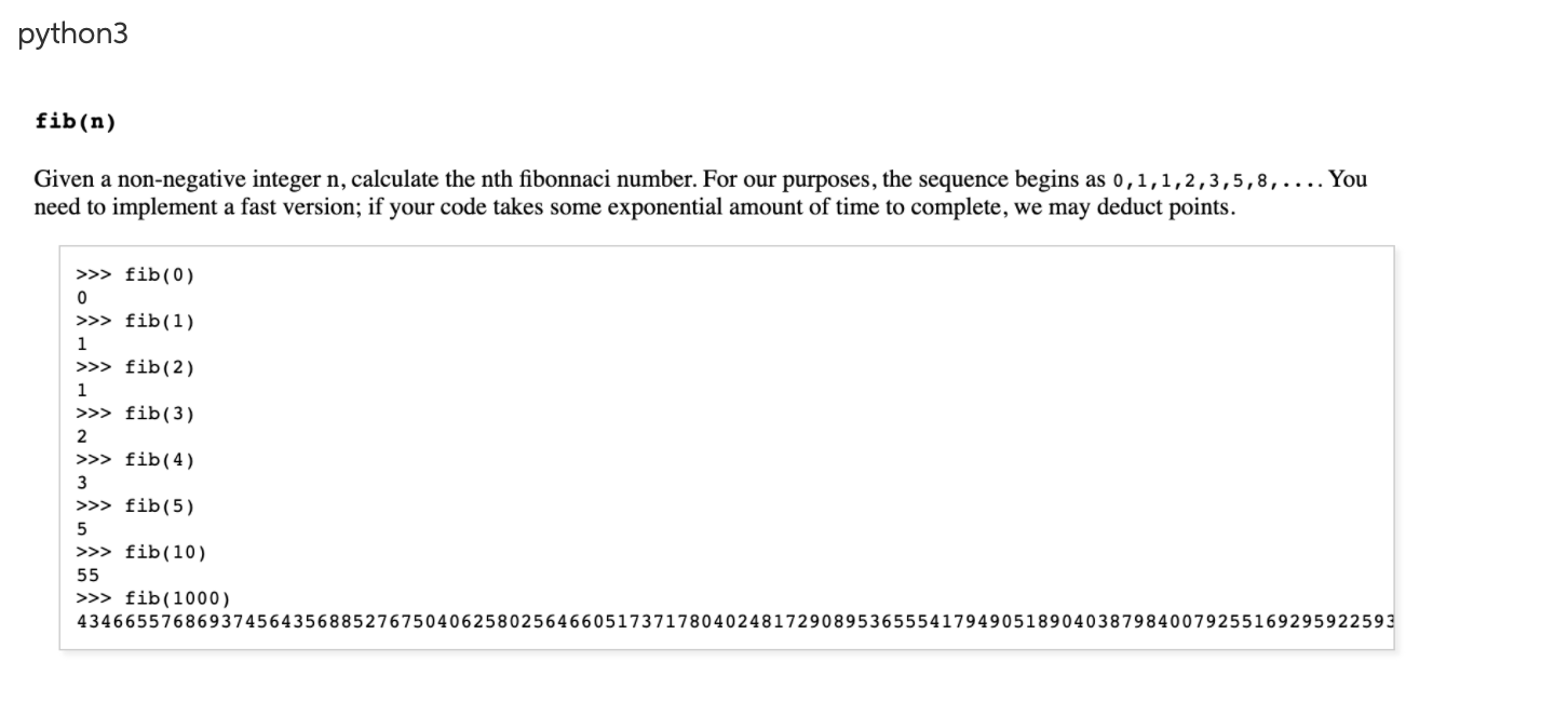 Solved python3 fib(n) Given a non-negative integer n, | Chegg.com